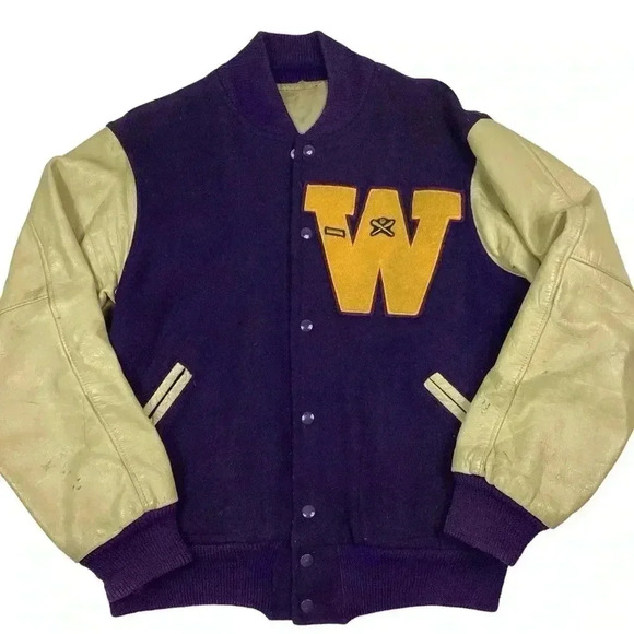 American Vintage | Jackets & Coats | Vintage 6s Purple And Gold Leather Trim Varsity Lettermans ...